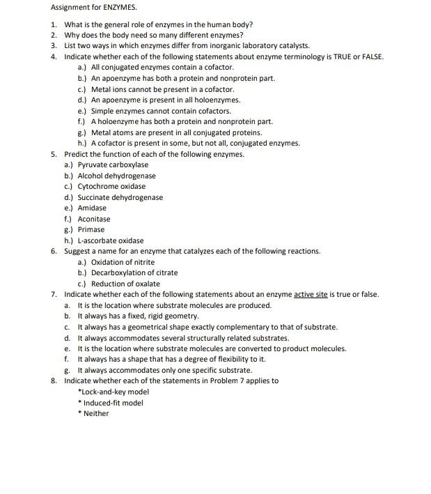 Solved Assignment for ENZYMES. 1. What is the general role | Chegg.com