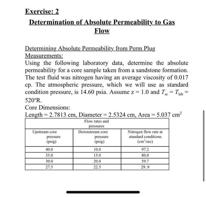 Solved Exercise: 2 Determination of Absolute Permeability to | Chegg.com