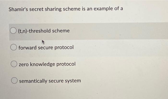 Solved Shamir's secret sharing scheme is an example of a | Chegg.com