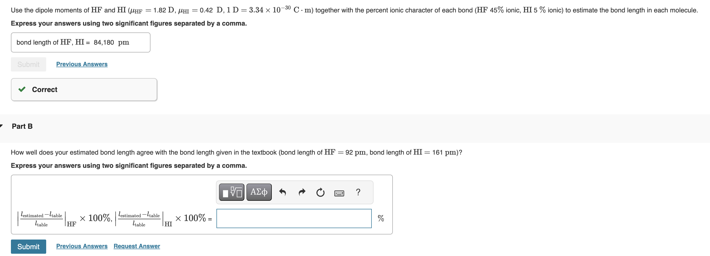 Solved The determined estimated bond length for HF is 84. | Chegg.com