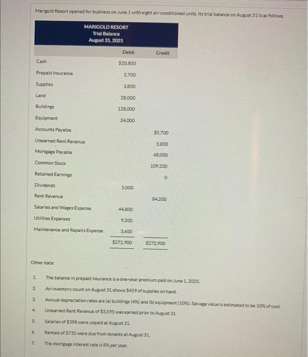 Solved Marigold Resort opened for business on June 1 with | Chegg.com