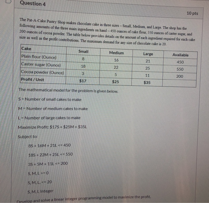 Solved Question 4 10 pts The Pat-A-Cake Pastry Shop makes | Chegg.com