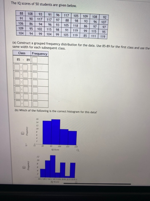 Solved The IQ scores of 50 students are given below. . 108 | Chegg.com