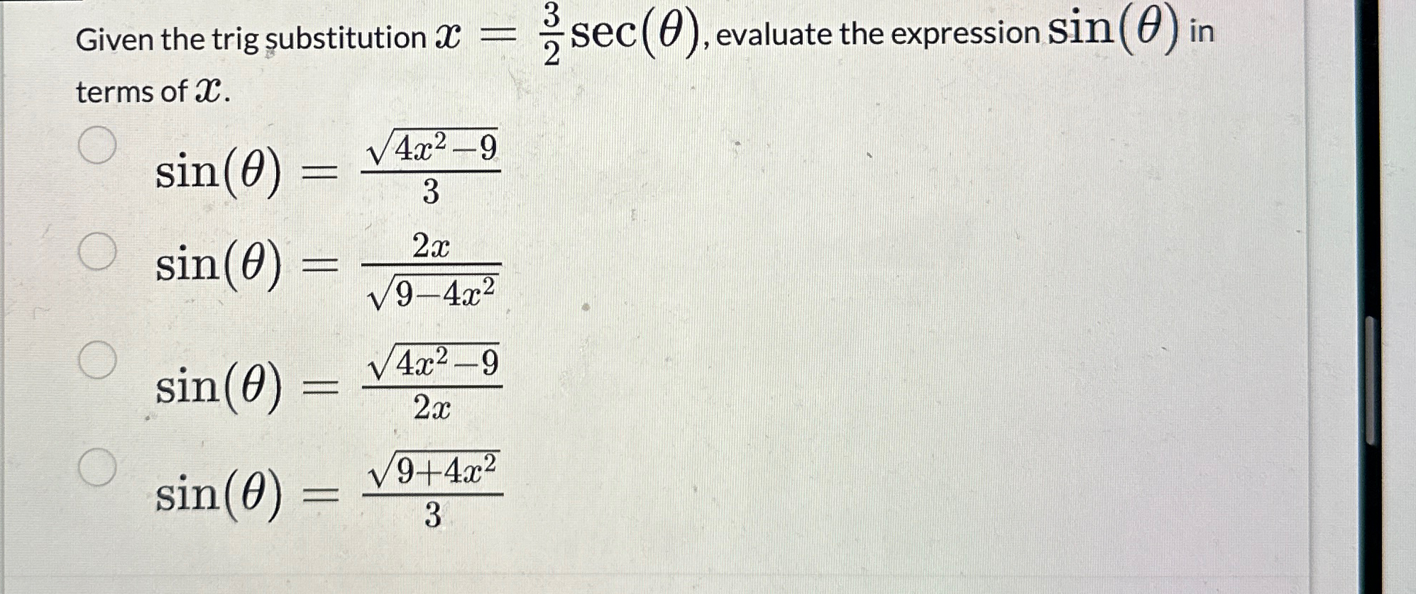 Solved Given the trig substitution x=32sec(θ), ﻿evaluate the | Chegg.com