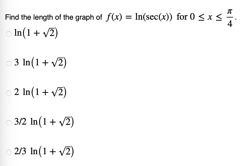Solved Find the length of the graph of f(x)=ln(sec(x)) ﻿for | Chegg.com