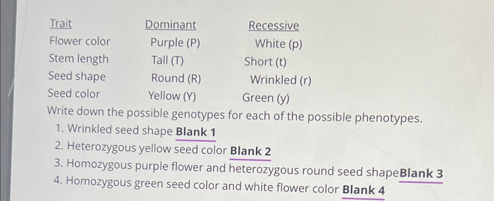 Solved \table[[Trait,Dominant,Recessive],[Flower | Chegg.com