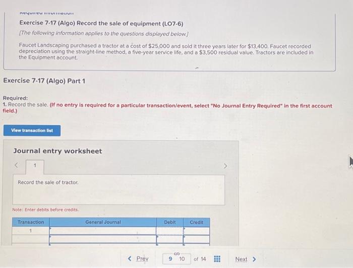 Solved Exercise 7-17 (Algo) Record the sale of equipment | Chegg.com