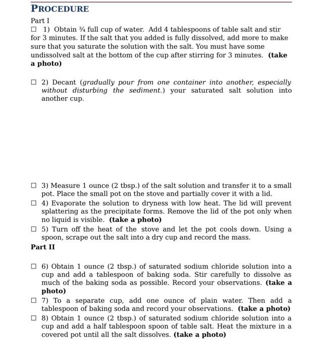 Solved Procedure Part I 1) Obtain 3/4 full cup of water. Add | Chegg.com