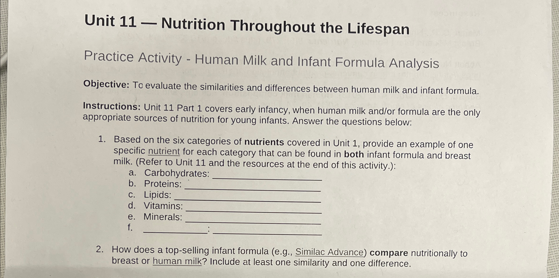 Solved Unit 11 - ﻿Nutrition Throughout the LifespanPractice | Chegg.com