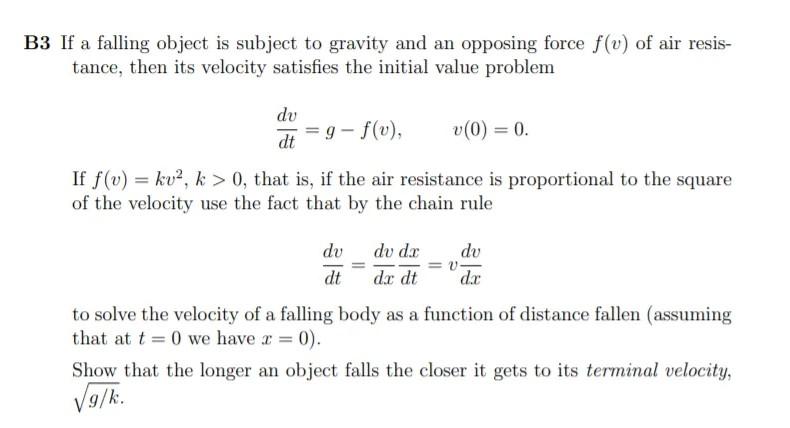 Solved B3 If a falling object is subject to gravity and an | Chegg.com