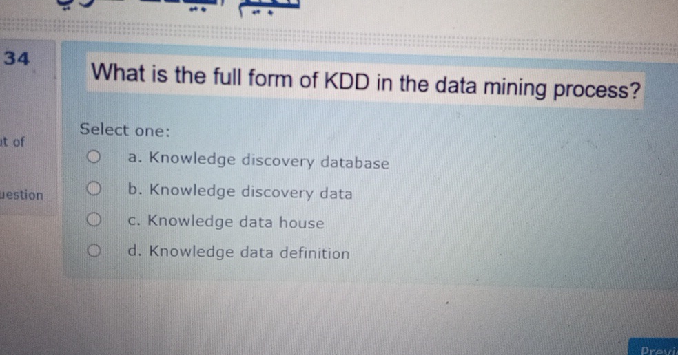 Solved 34What is the full form of KDD in the data mining | Chegg.com