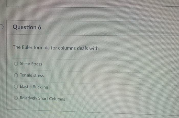 Solved Question 6 The Euler formula for columns deals with: | Chegg.com
