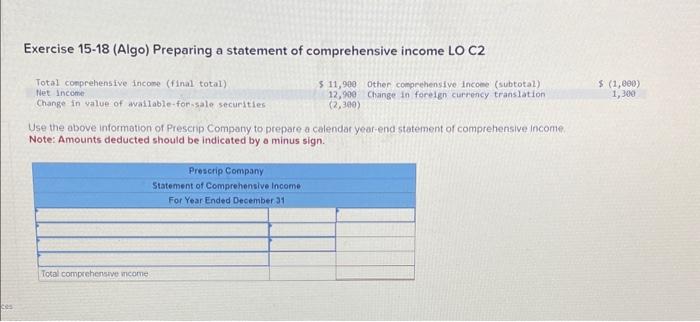 Solved Exercise 15-18 (Algo) Preparing a statement of | Chegg.com
