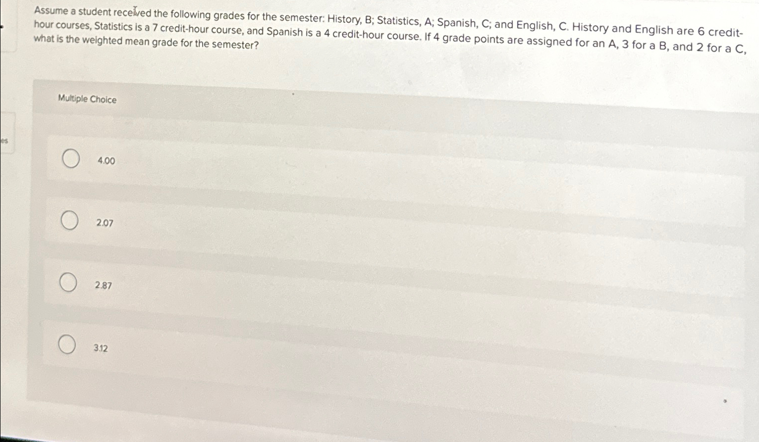 Solved Assume a student recelved the following grades for | Chegg.com