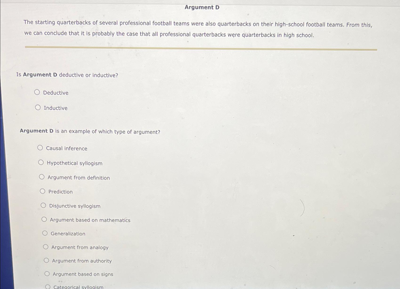 Solved Argument DThe starting quarterbacks of several | Chegg.com