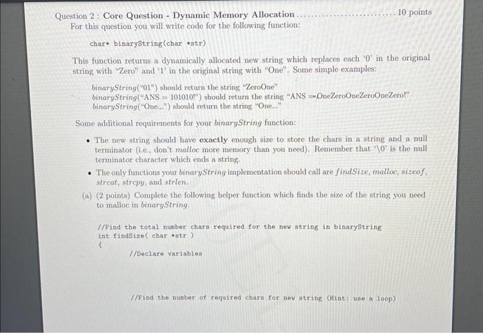 Solved Question 2 : Core Question - Dynamic Memory | Chegg.com