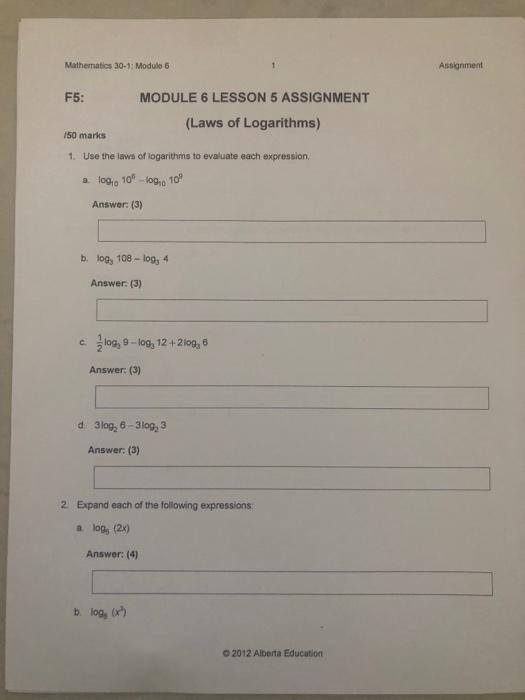 Solved Mathematics 30-1: Module 6 2 Assignment Answer: (4) с | Chegg.com