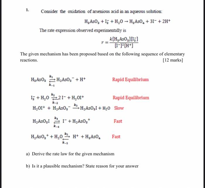Solved 1. Consider the oxidation of arsenious acid in an | Chegg.com
