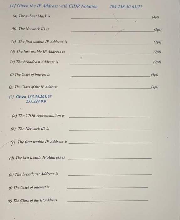 Solved (1) Given the IP Address with CIDR Notation | Chegg.com