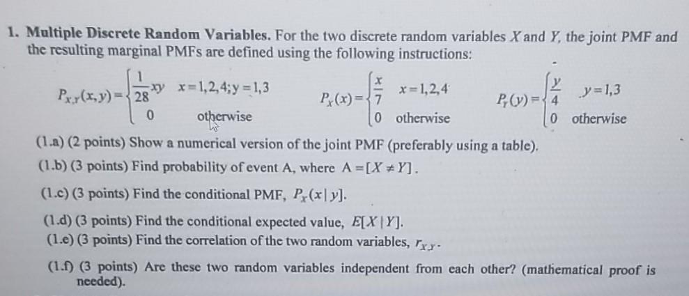 Solved 1. Multiple Discrete Random Variables. For the two | Chegg.com