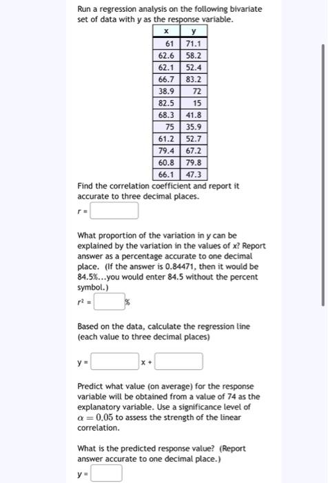 Solved Run a regression analysis on the following bivariate | Chegg.com