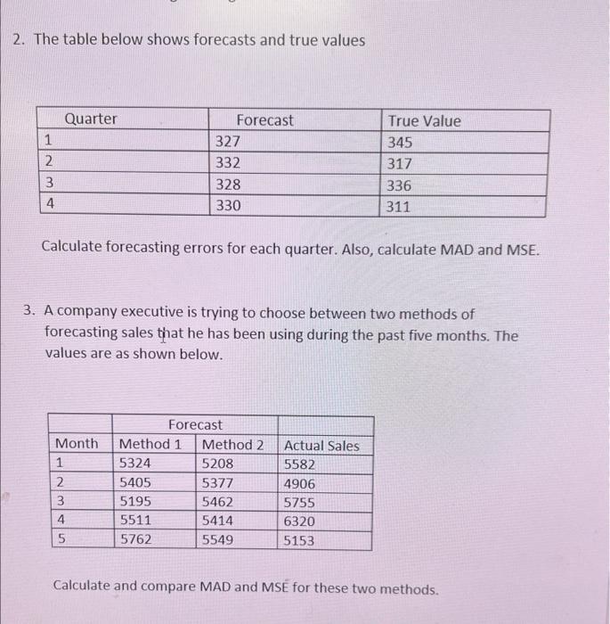 Solved 2. The table below shows forecasts and true values | Chegg.com