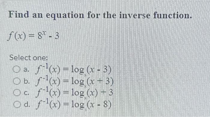 Solved Find an equation for the inverse function. f(x) = 8 - | Chegg.com