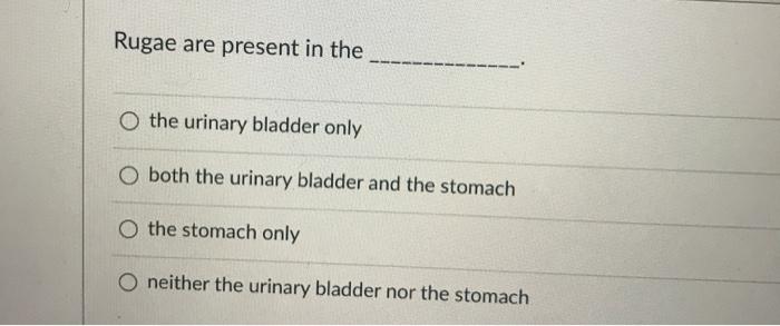 Solved Rugae are present in the O the urinary bladder only O | Chegg.com