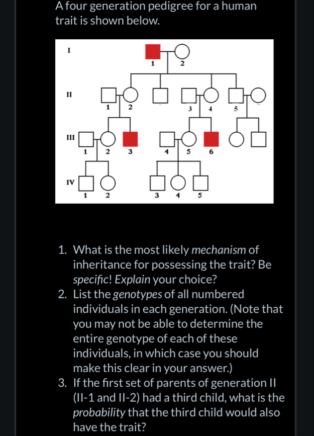 Solved A four generation pedigree for a human trait is shown | Chegg.com