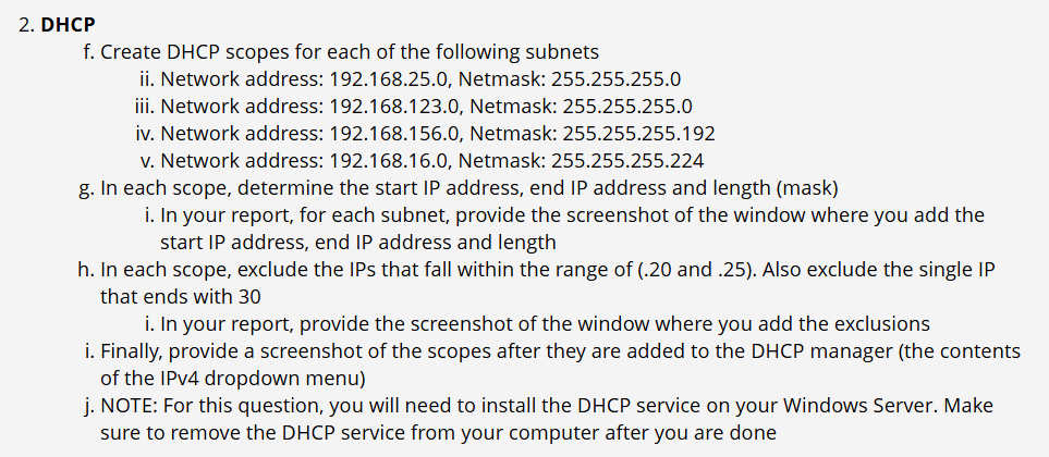 2. ﻿DHCP f. ﻿Create DHCP scopes for each of the | Chegg.com