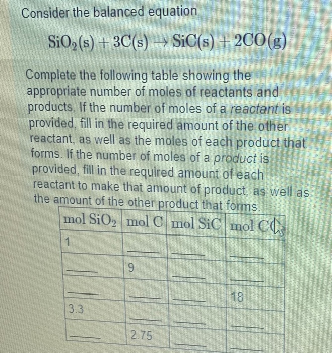 Solved Consider the balanced equation SiO2 (s) + 3C(s) + | Chegg.com