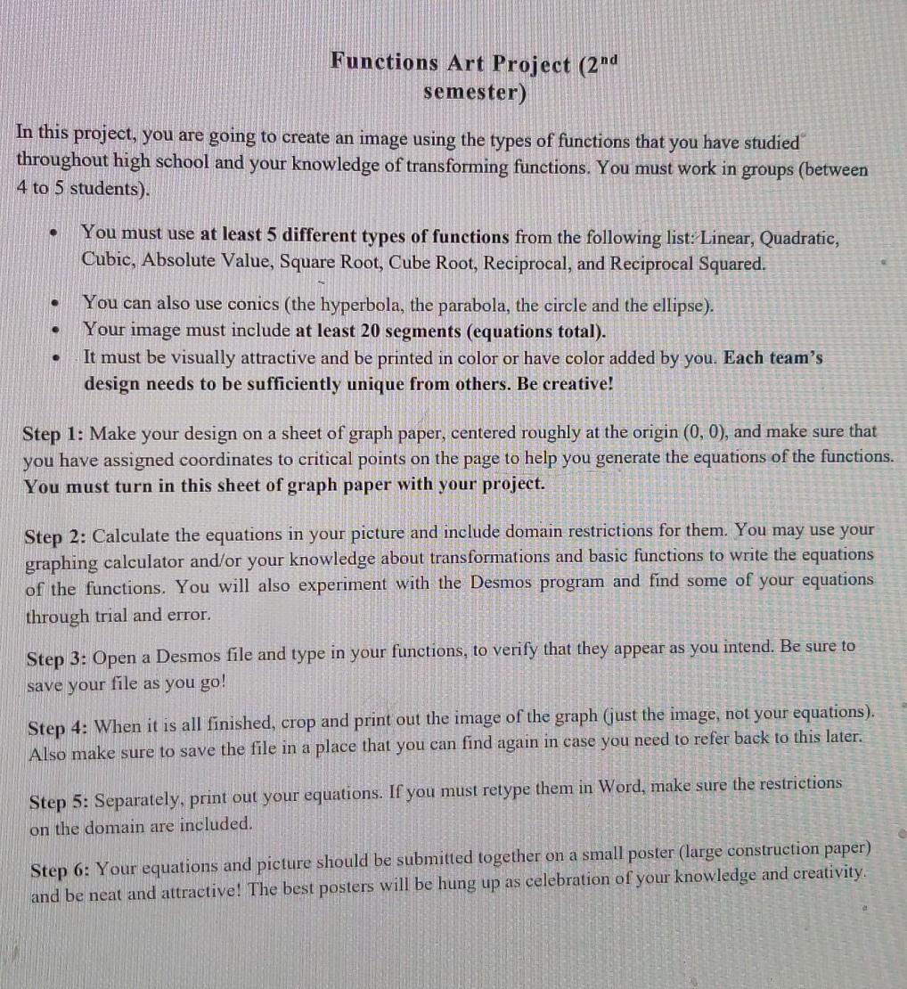 Functions Art Project (2nd semester) In this project, | Chegg.com
