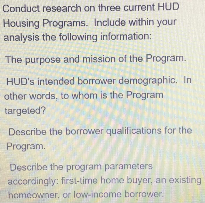 Solved Conduct research on three current HUD Housing | Chegg.com
