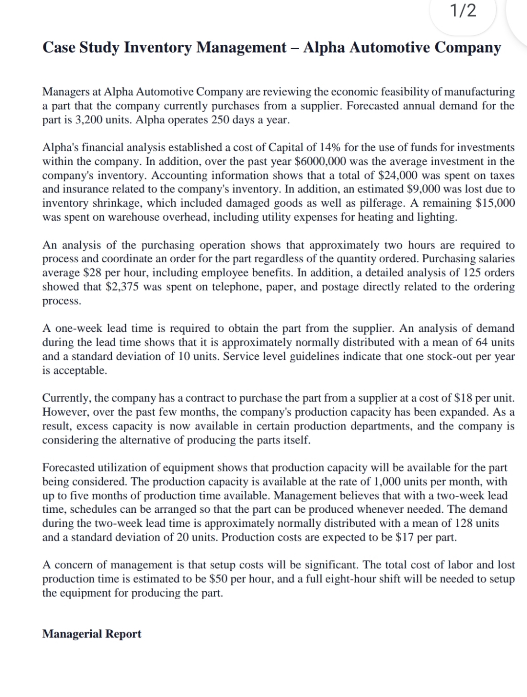 Solved 12Case Study Inventory Management - ﻿Alpha Automotive | Chegg.com