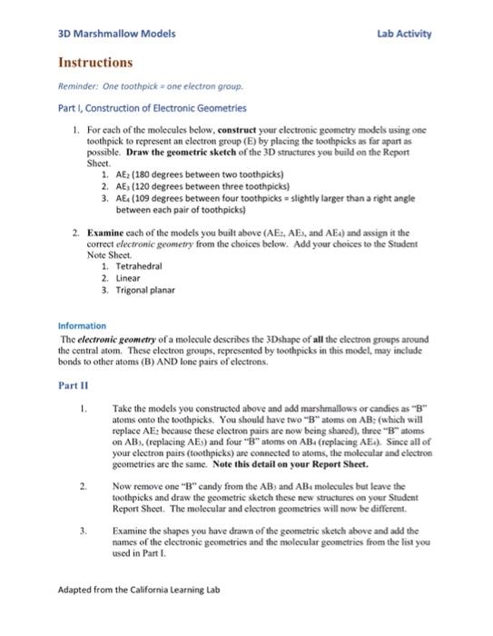 3D Marshmallow Models Lab Activity Instructions | Chegg.com