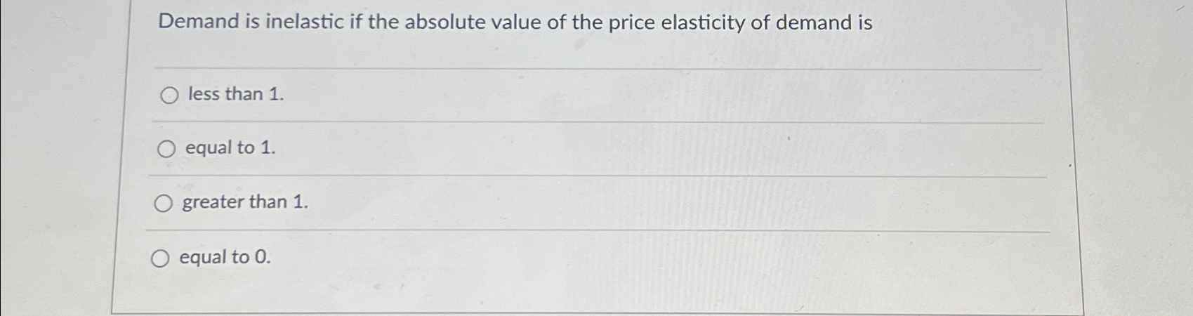 Solved Demand is inelastic if the absolute value of the | Chegg.com