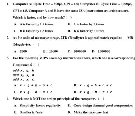 Solved 1. Computer A: Cycle Time =500ps, CPI =1.0; Computer | Chegg.com