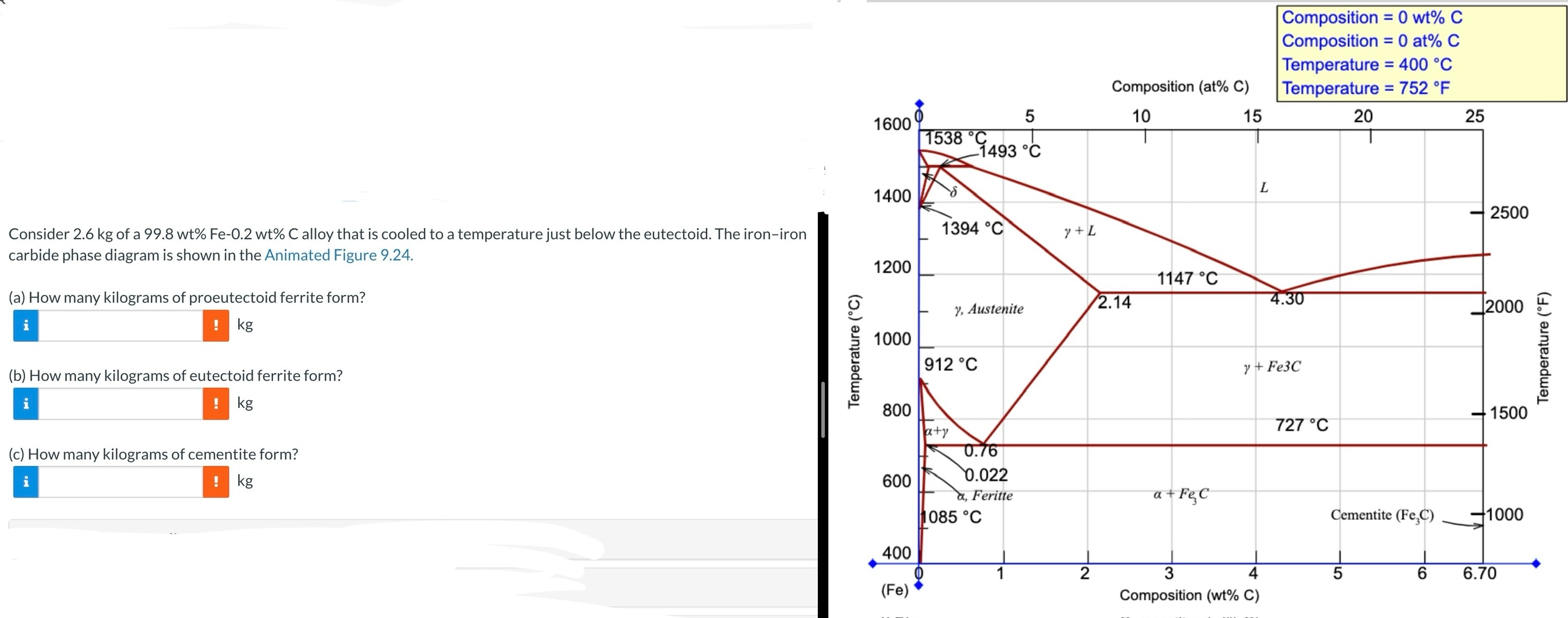 Solved Consider 2.6kg ﻿of a 99.8wt% ﻿Fe-0.2 ﻿wt% ﻿C alloy | Chegg.com