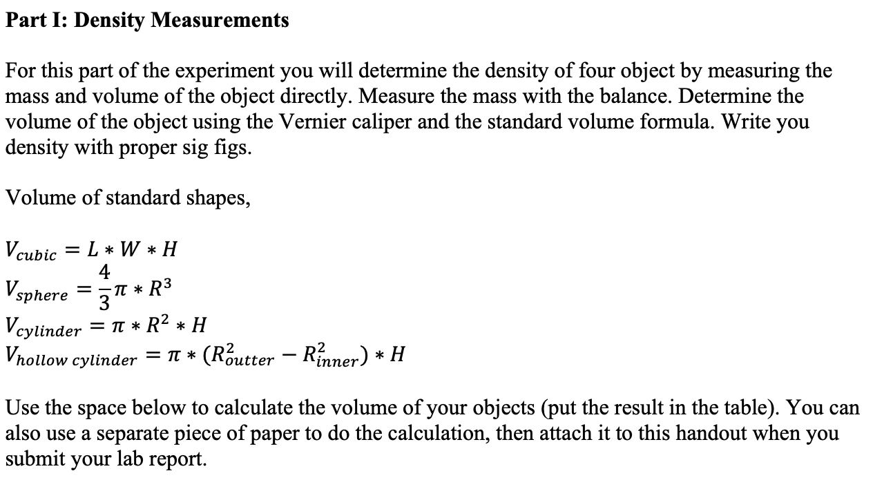 Solved Part I: Density Measurements For this part of ﻿the | Chegg.com
