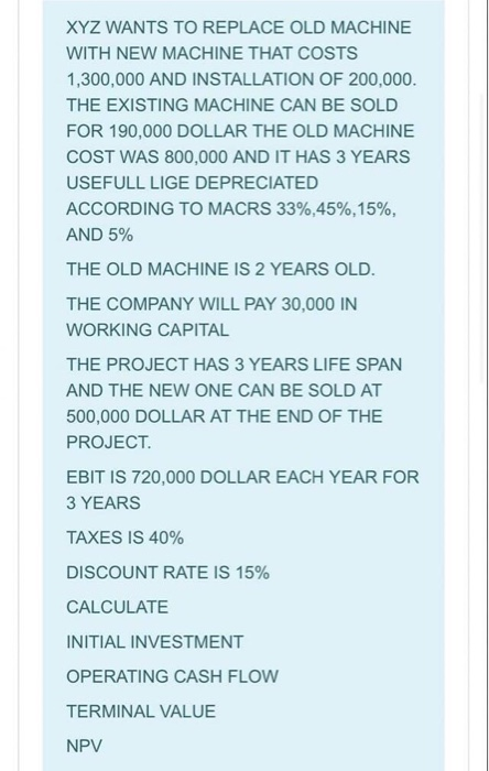 Solved XYZ WANTS TO REPLACE OLD MACHINE WITH NEW MACHINE | Chegg.com