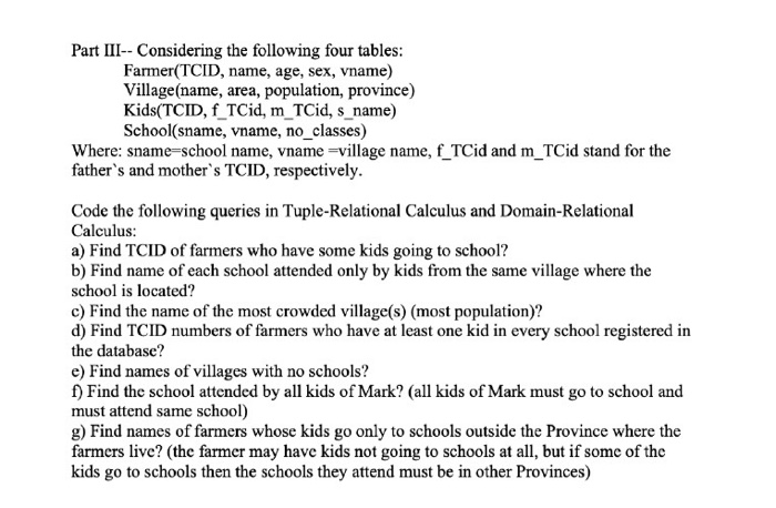 Solved Part III - Considering the following four tables: | Chegg.com