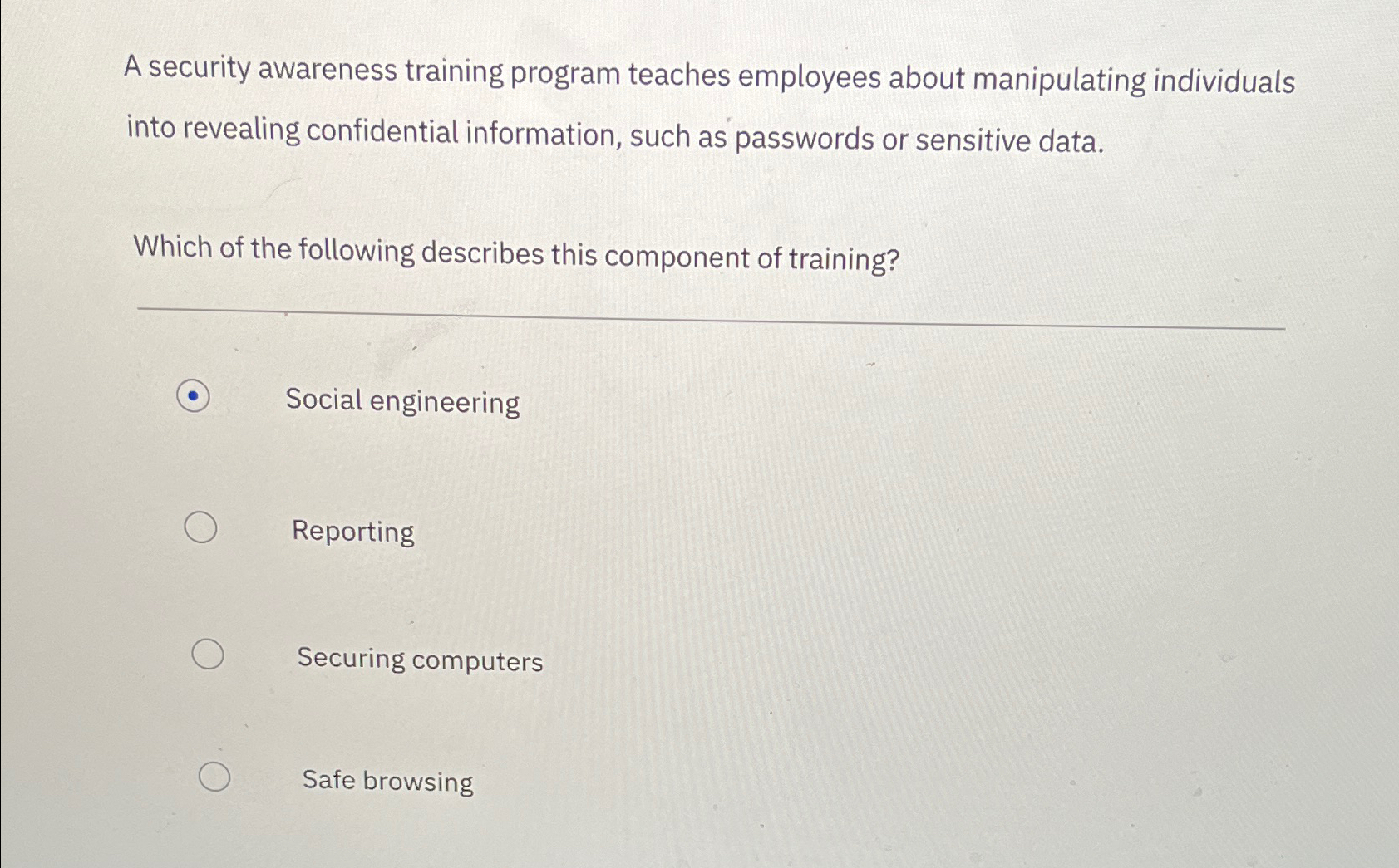 Solved A security awareness training program teaches | Chegg.com