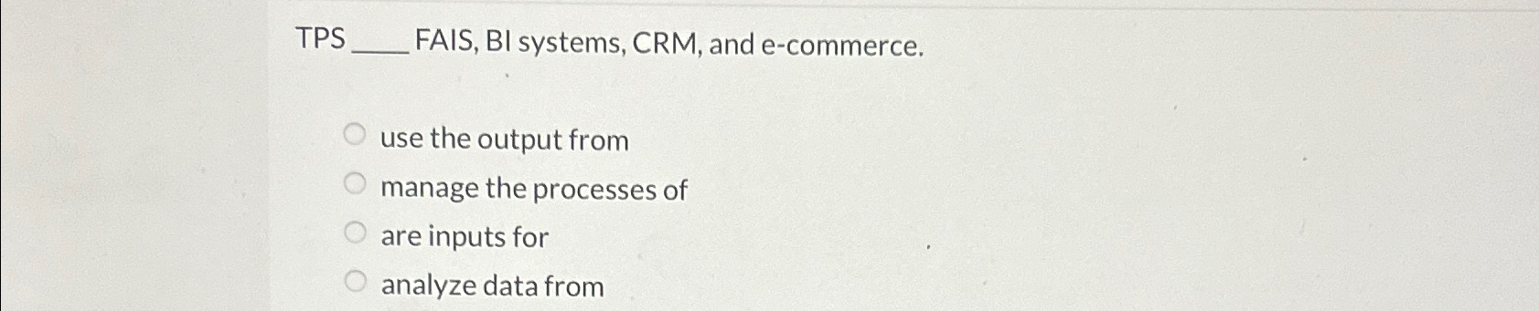 Solved TPS FAIS, BI systems, CRM, ﻿and e-commerce.use the | Chegg.com