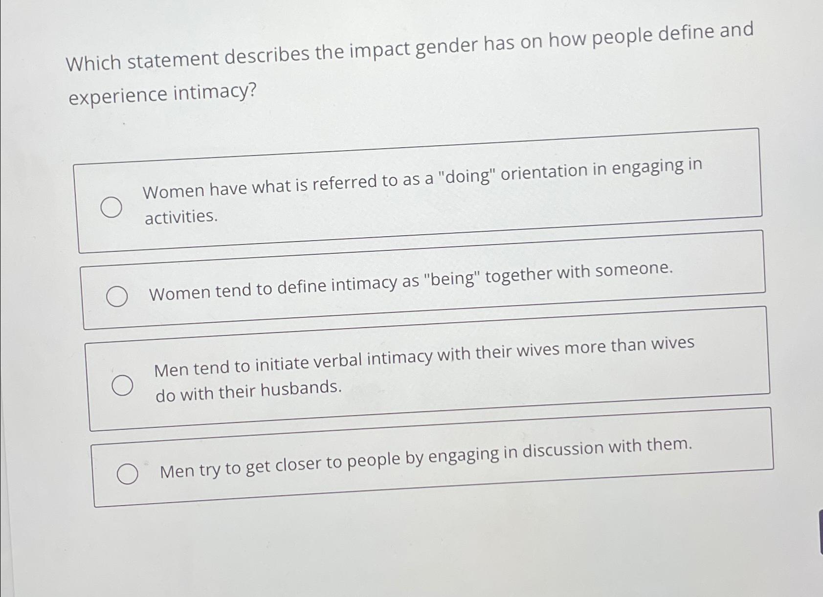 Solved Which statement describes the impact gender has on | Chegg.com
