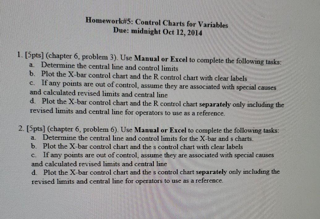 Homework#5: Control Charts for Variables Due: | Chegg.com