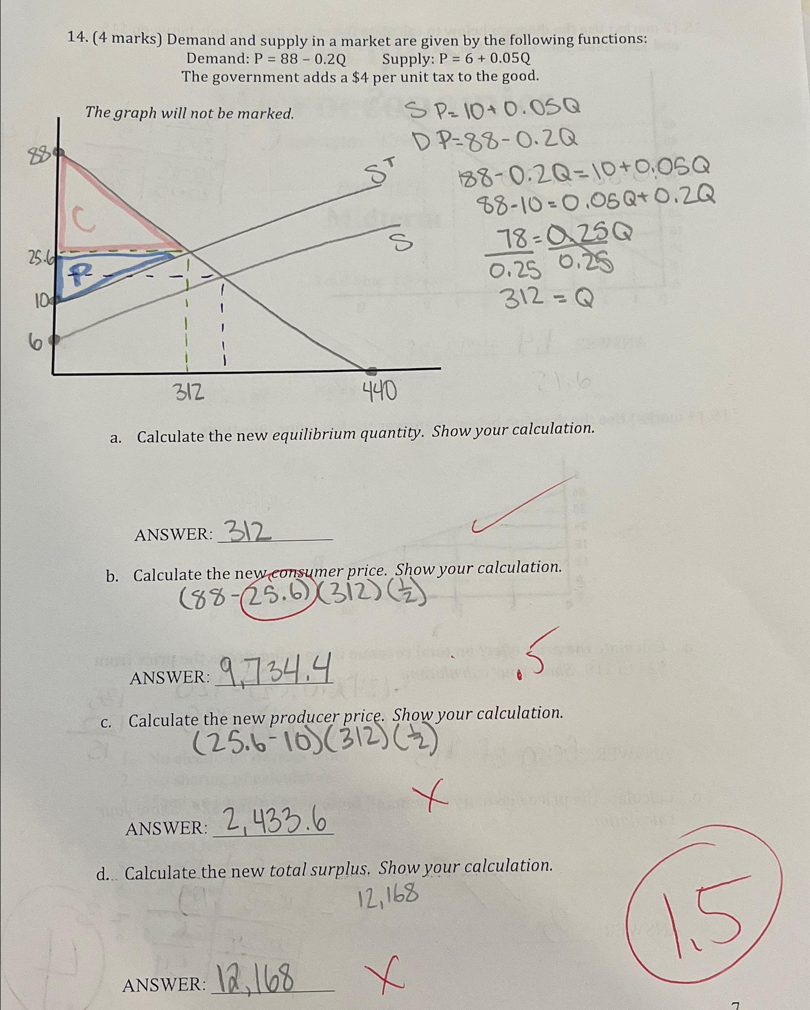 Solved ( 4 ﻿marks) ﻿Demand and supply in a market are given | Chegg.com