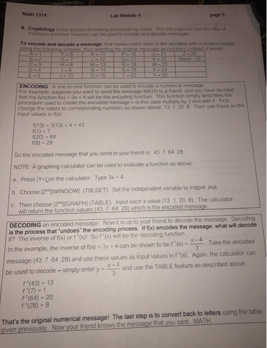 Solved Math 1314 Lab Module 4 page 5 8. Cryptology is the | Chegg.com