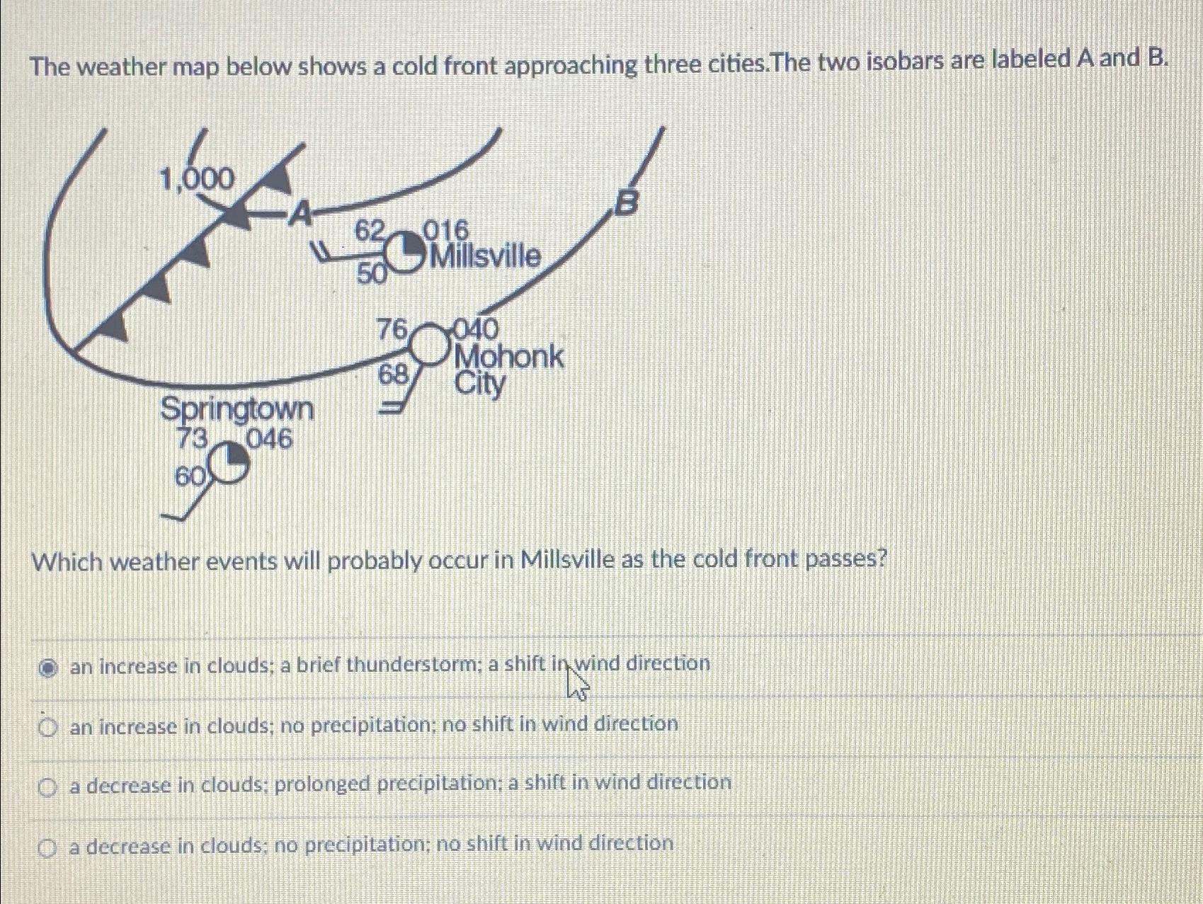Solved The weather map below shows a cold front approaching | Chegg.com