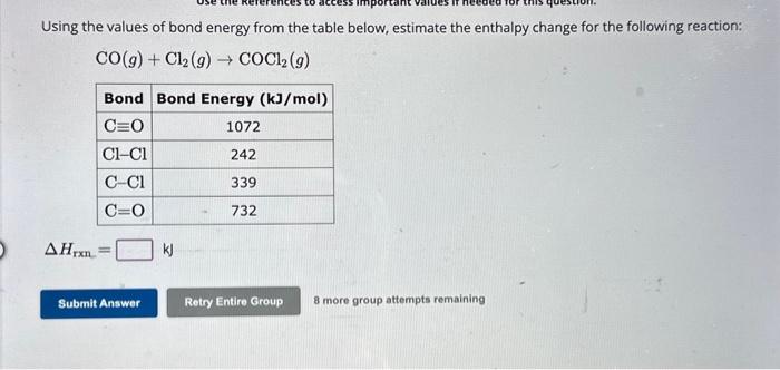 Solved Using the values of bond energy from the table below, | Chegg.com