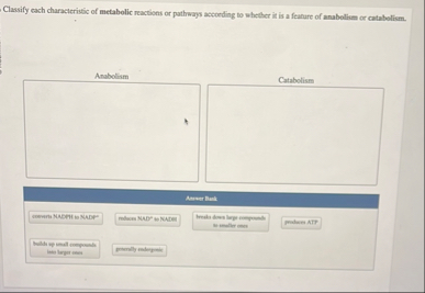 Solved Classify each characteristic of metabolic reactions | Chegg.com
